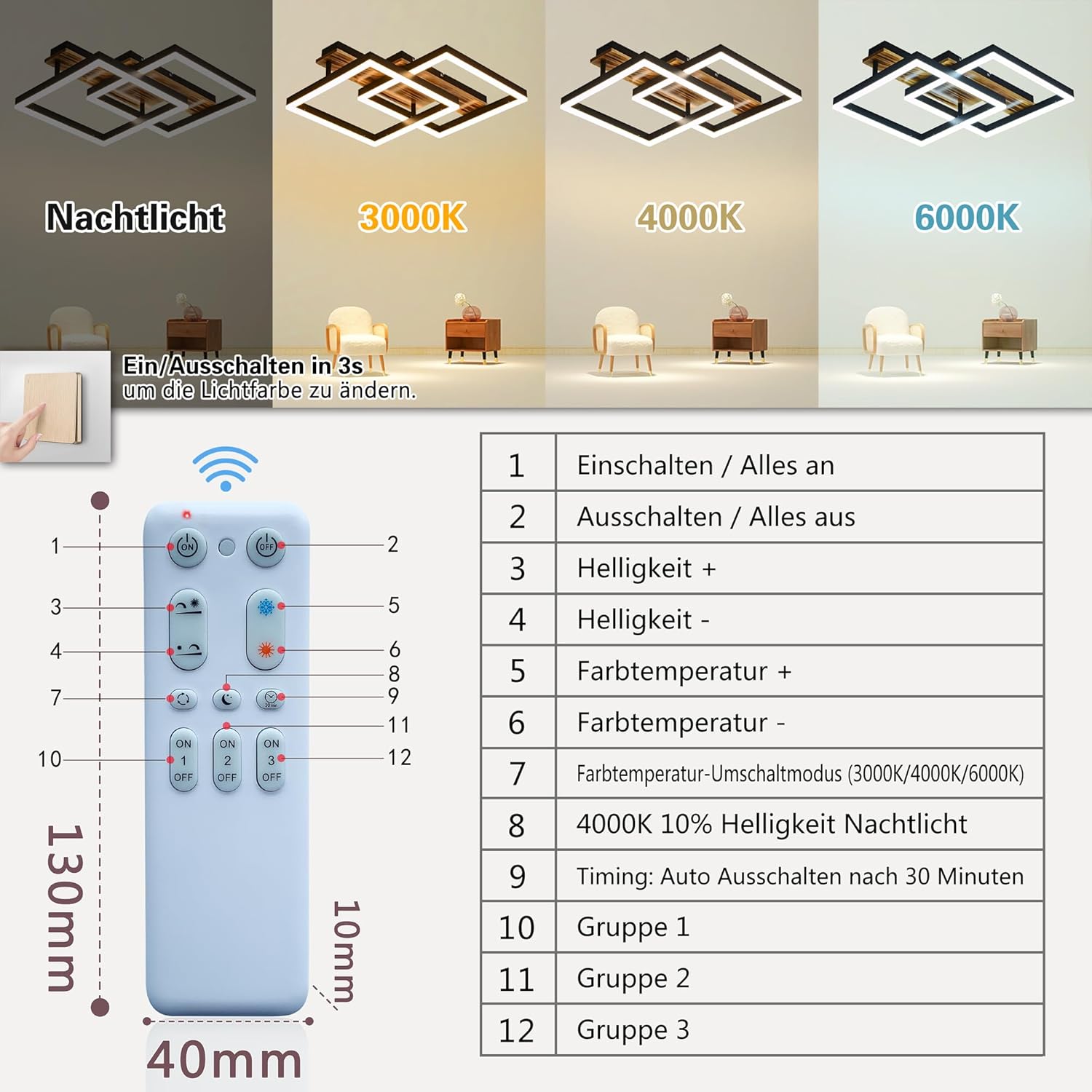 Lampa sufitowa LED lite drewno czarna z pilotem Seatain | Taniey.PL