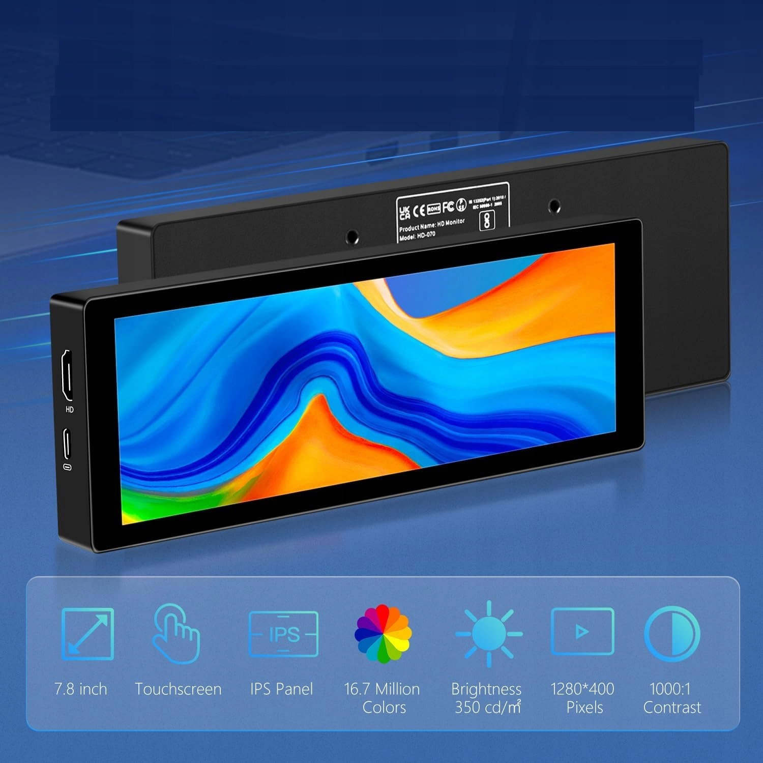 Ekran dotykowy mini przenośny monitor 7,8 cala HD 1280 x 400 IPS HDMI ...
