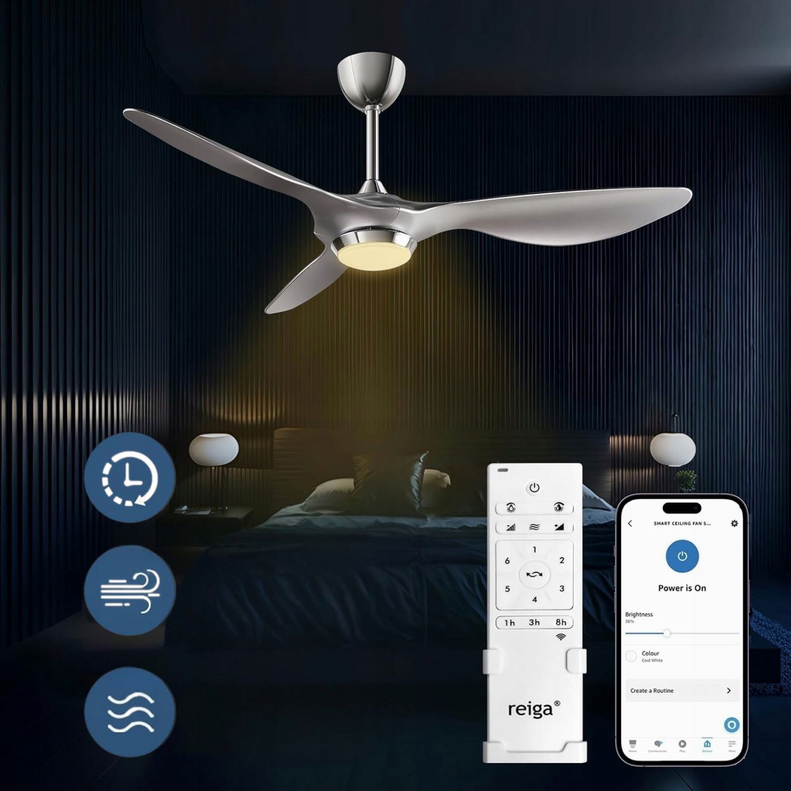 Wentylator Sufitowy LED Srebrny Domowy Pilot Timer Cichy Wydajny Mocny ...