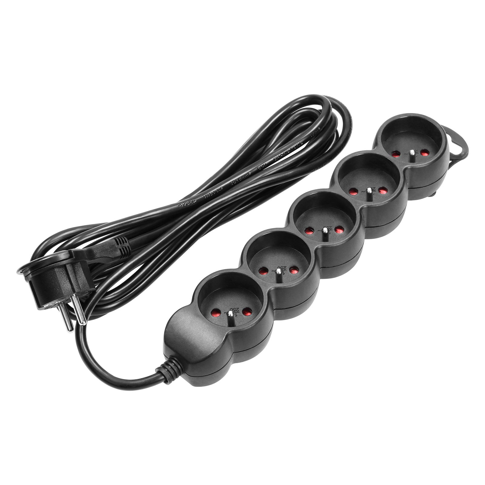 Przed?u?acz 5-krotny 2P+Z, 5m H05VV-F 3x1,5mm2, Imax=16A, p?aska wtyczka, czarny | Taniey.PL