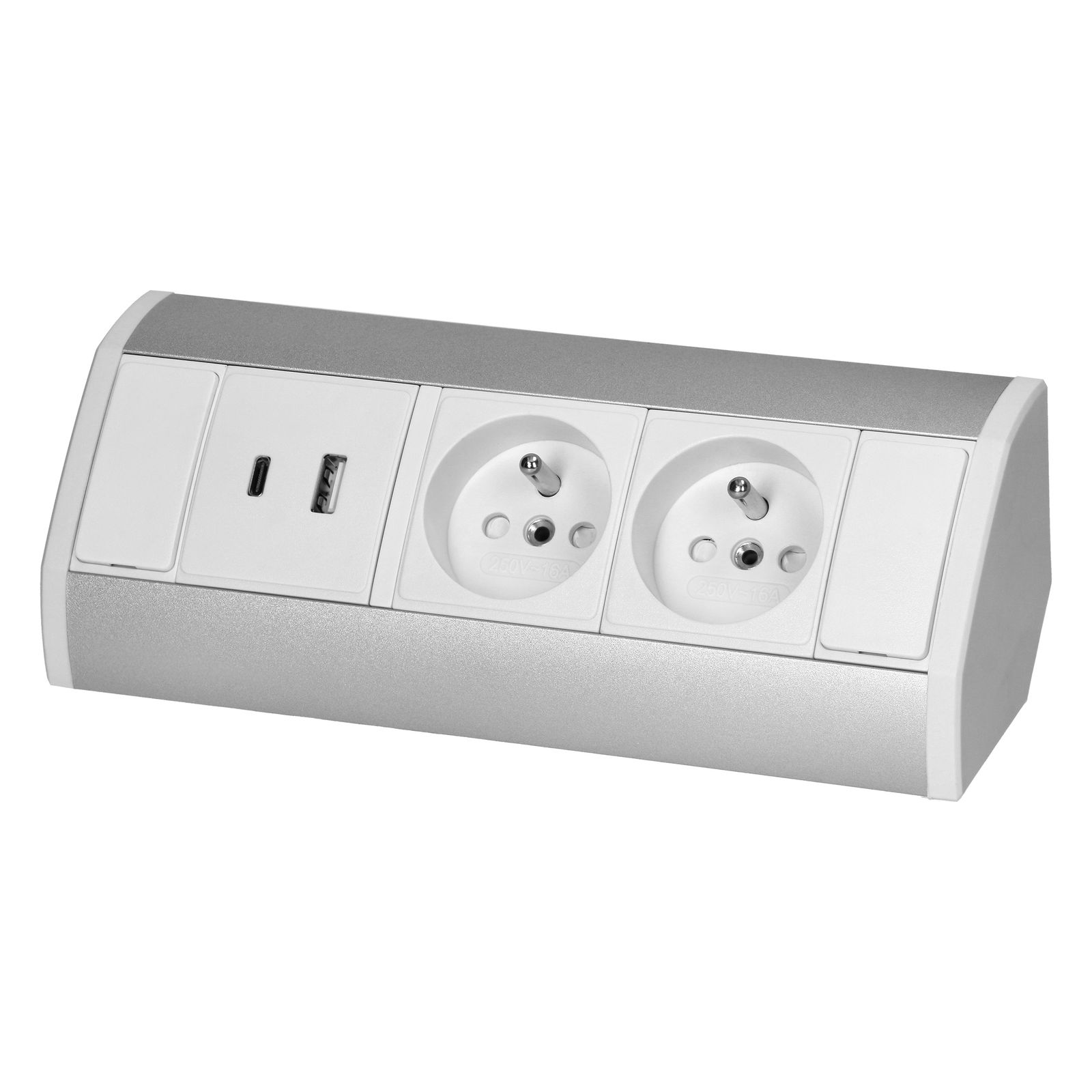 Gniazdo meblowe 2x2P+Z, 2xUSB (typ A+C; 2,4A), bia?o-srebrne | Taniey.PL
