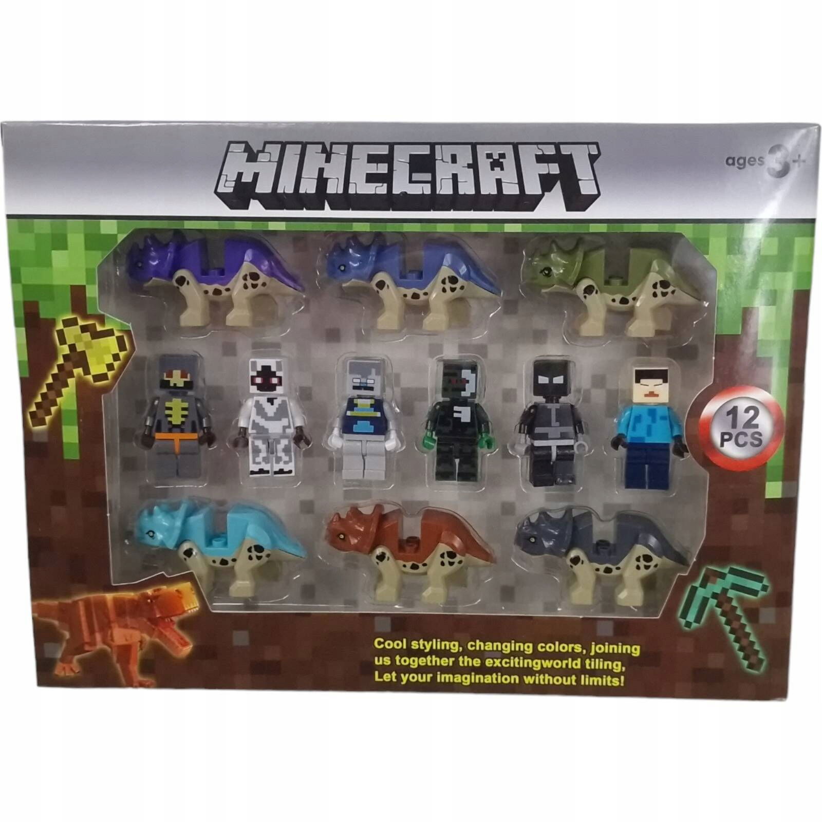 MINECRAFT ZESTAW 12 FIGUREK DINOZAURY KLOCKI FIGURKI Z GRY AKCESORIA ...